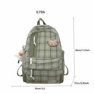 CLOUDEMO 2023 New Kawaii Backpack with Cute Accessories Aesthetic Plaid Daypack 17 Inch Laptop Backpack Pastel Outdoor Travel Bag (Green)