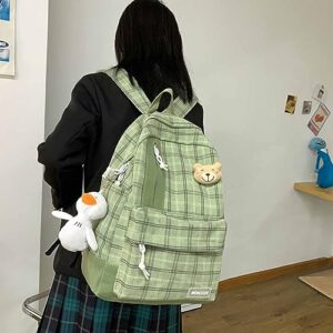 CLOUDEMO 2023 New Kawaii Backpack with Cute Accessories Aesthetic Plaid Daypack 17 Inch Laptop Backpack Pastel Outdoor Travel Bag (Green)