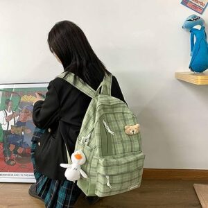 CLOUDEMO 2023 New Kawaii Backpack with Cute Accessories Aesthetic Plaid Daypack 17 Inch Laptop Backpack Pastel Outdoor Travel Bag (Green)