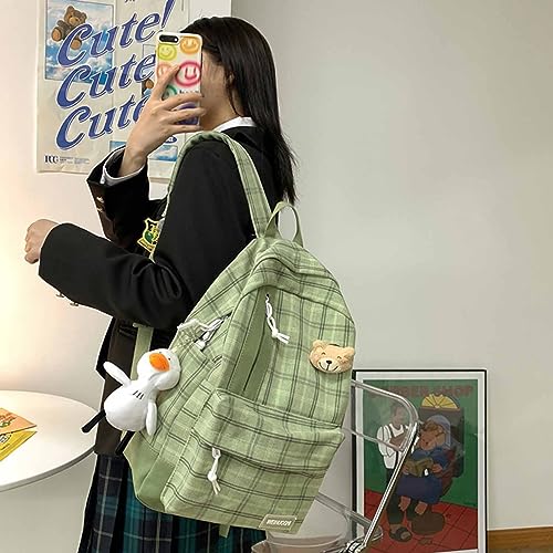 CLOUDEMO 2023 New Kawaii Backpack with Cute Accessories Aesthetic Plaid Daypack 17 Inch Laptop Backpack Pastel Outdoor Travel Bag (Green)