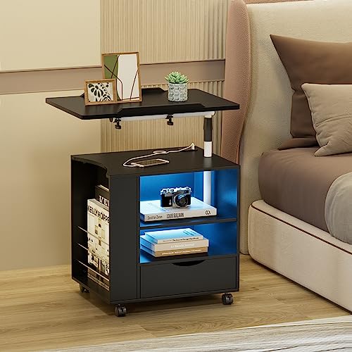 Shahoo Nightstand Set of 2 with Charging Station and 3 LED Lights, Modern End Side Table Featuring Open Storage, Drawer, Adjustable Rotary Stand Plate for Bedroom, Black, 2