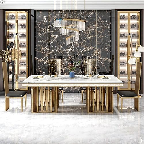 LAKIQ Luxury Style Marble Dining Table Modern Rectangle Kitchen Dining Room Table Gold Metal Pedestal Table-Table Only-Without Chairs (White,63" L x 35.4" W x 29.5" H)