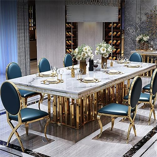 LAKIQ Luxury Style Marble Dining Table Modern Rectangle Kitchen Dining Room Table Gold Metal Pedestal Table-Table Only-Without Chairs (White,63" L x 35.4" W x 29.5" H)