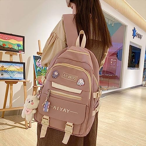 MIFJNF Cute Backpack Kawaii Backpack for School Aesthetic Backpack Kawaii School Supplies Cute Backpacks with Accessories (Pink)