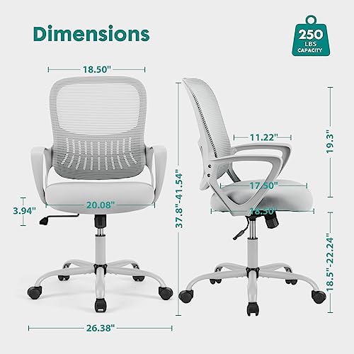 SMUG Ergonomic Chair Computer Gaming with Arms, Home Office Desk with Wheels, Mid-Back Task Rolling with Lumbar Support, Comfy Mesh Swivel Executive, 18.5" D x 20.08" W x 41.5" H, Grey