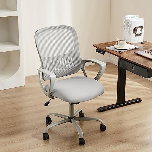 SMUG Ergonomic Chair Computer Gaming with Arms, Home Office Desk with Wheels, Mid-Back Task Rolling with Lumbar Support, Comfy Mesh Swivel Executive, 18.5" D x 20.08" W x 41.5" H, Grey