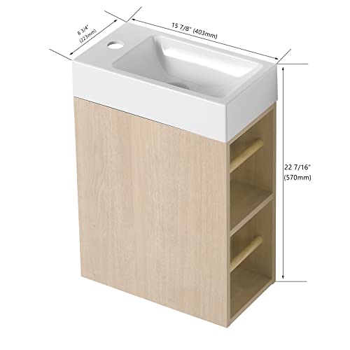 SZUBEE 16" Bathroom Cabinet Vanity with White Ceramic Basin and Soft Close Doors, Plain Light Oak