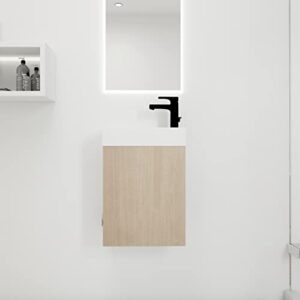 SZUBEE 16" Bathroom Cabinet Vanity with White Ceramic Basin and Soft Close Doors, Plain Light Oak