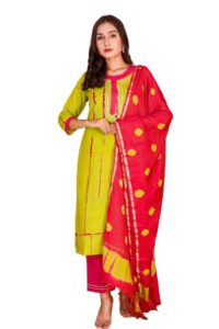 shri shayam women's cotton lining straight kurti with pant and dupatta set (lamon-green-xxl)