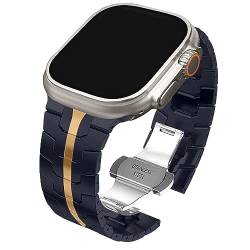 YeeCASE Stainless Steel Band Compatible with Apple Watch Ultra Band 49mm 45mm 44mm 42mm 38mm 40mm 41mm, Metal Strap for Apple Watch Series 8 7 6 5 4 3 2 1 SE (42mm/44mm/45mm/49mm, Dark Blue/Gold)