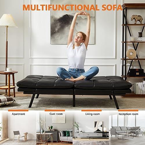 Sweetcrispy Futon Sofa Bed - Sleeper Convertible Futon Couch, Memory Foam Couch Convertible Loveseat for Living Room, Leather, Black