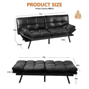 Sweetcrispy Futon Sofa Bed - Sleeper Convertible Futon Couch, Memory Foam Couch Convertible Loveseat for Living Room, Leather, Black