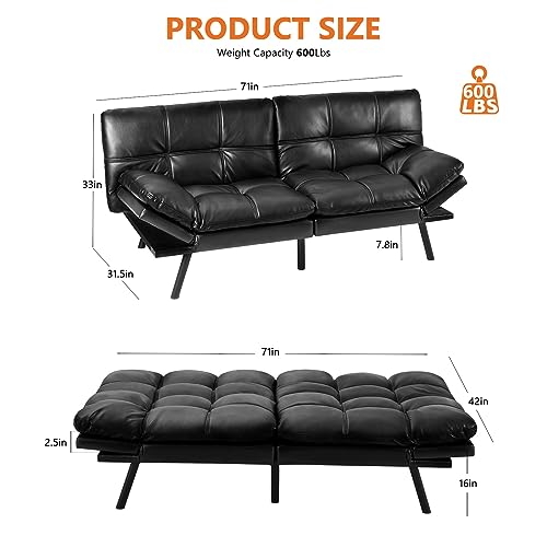 Sweetcrispy Futon Sofa Bed - Sleeper Convertible Futon Couch, Memory Foam Couch Convertible Loveseat for Living Room, Leather, Black