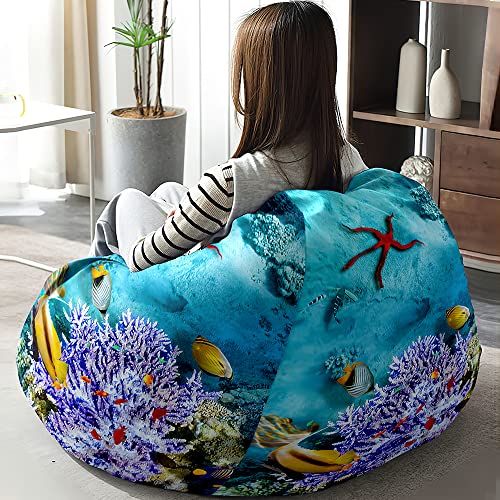 Lukery Bean Bag Chair for Adults (No Filler), 3D Ocean World Bean Bag Cover, Stuffed Animal Storage Bean Bag Chairs for Kids, Comfy Bean Bags Cotton Beanbag Lazy Sofa (L/35.4x43.3'',Seabed)