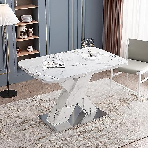 Goderfuu Extendable Marble Dining Table Set for 6 - Modern Dining Table with White X-Shaped Base and Faux Marble Top, 63 inch Rectangular Dining Table, Kitchen Table Dinner Table Dining Room Table