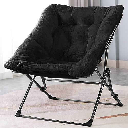 OAKHAM Comfy Saucer Chair, Folding Faux Fur Lounge Chair for Bedroom and Living Room, Flexible Seating for Kids Teens Adults, X-Large (Faux Fur-Black)