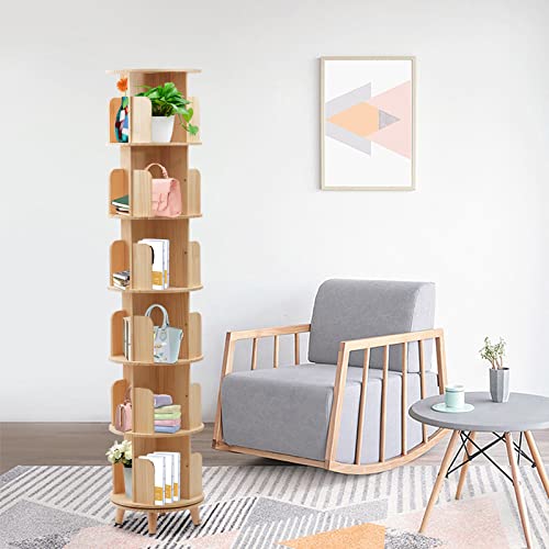 BINELUCOLU Rotating Bookshelf, 6 Tier Wood Floor Standing Bookcase Storage Rack with Legs 360 Corner Bookshelf Stackable Narrow Book Shelf for Home Office Study Room