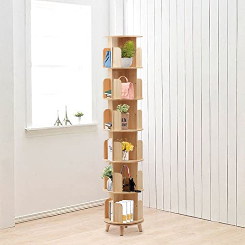 BINELUCOLU Rotating Bookshelf, 6 Tier Wood Floor Standing Bookcase Storage Rack with Legs 360 Corner Bookshelf Stackable Narrow Book Shelf for Home Office Study Room