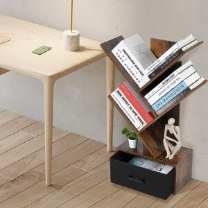 fashionwu tree bookshelf with drawer, 4-tier wooden bookshelves storage rack for cds/movies/books, rustic brown bookcase, utility organizer shelves for living room, bedroom, home, office