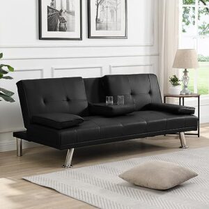 Lunale Futon Sofa Bed, Convertible Tufted Futon Sofa Couch with 2 Cup Holders, Modern Leather Futon Couch with Removable Armrest for Apartment Living Room Small Space, Sleeper Sofa, Black