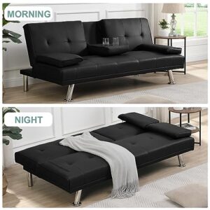 Lunale Futon Sofa Bed, Convertible Tufted Futon Sofa Couch with 2 Cup Holders, Modern Leather Futon Couch with Removable Armrest for Apartment Living Room Small Space, Sleeper Sofa, Black