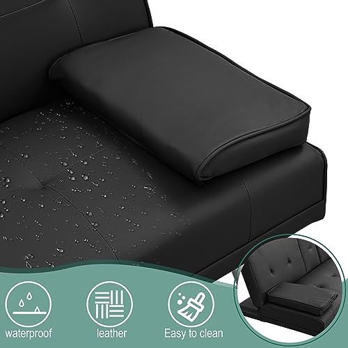 Lunale Futon Sofa Bed, Convertible Tufted Futon Sofa Couch with 2 Cup Holders, Modern Leather Futon Couch with Removable Armrest for Apartment Living Room Small Space, Sleeper Sofa, Black