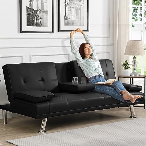 Lunale Futon Sofa Bed, Convertible Tufted Futon Sofa Couch with 2 Cup Holders, Modern Leather Futon Couch with Removable Armrest for Apartment Living Room Small Space, Sleeper Sofa, Black