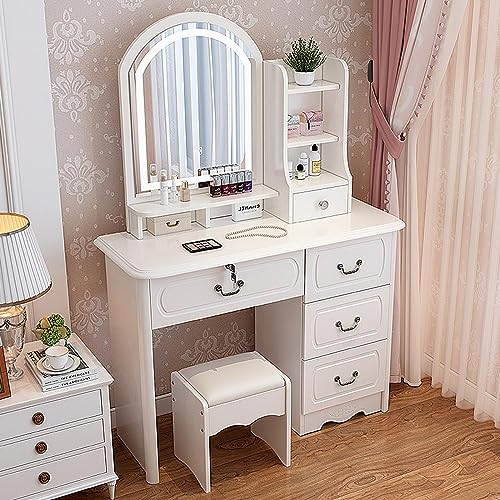 XIGOUZIQU Farmhouse Makeup Vanity Desk with Sliding Mirror and Lights, Tabletop Vanity Table with 5 Drawers & Shelves, Dressing Table Vanity Set for Bedroom, Stool Included (Color : Right)