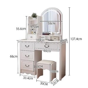 XIGOUZIQU Farmhouse Makeup Vanity Desk with Sliding Mirror and Lights, Tabletop Vanity Table with 5 Drawers & Shelves, Dressing Table Vanity Set for Bedroom, Stool Included (Color : Right)