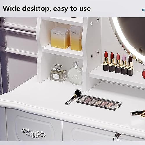 XIGOUZIQU Farmhouse Makeup Vanity Desk with Sliding Mirror and Lights, Tabletop Vanity Table with 5 Drawers & Shelves, Dressing Table Vanity Set for Bedroom, Stool Included (Color : Right)