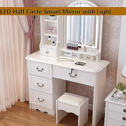 XIGOUZIQU Farmhouse Makeup Vanity Desk with Sliding Mirror and Lights, Tabletop Vanity Table with 5 Drawers & Shelves, Dressing Table Vanity Set for Bedroom, Stool Included (Color : Right)