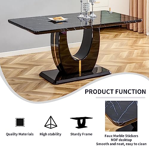 63" Marble Dining Table for 6 People,63" Kitchen Table with Imitation Marble Grain MDF Table Top & U-Shaped Supports & Grey Wooden Base Modern Dining Room Table Grey Dining Table