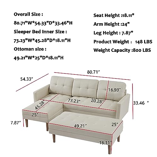 TAIGR Sectional Sleeper Sofa, Pull Out Couch Bed with Storage Chaise, Convertible L Shaped Couch for Living Room, Small Space, Apartment, Beige