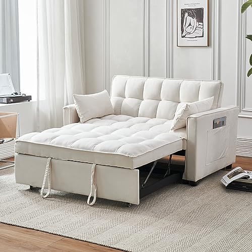 Ugijei 55.5'' 3-in-1 Convertible Sleeper Sofa Bed, Velvet Pull Out Sofa Bed with Pull Out Bed, Adjustable Backrest, Storage Pockets & Pillows, Modern Pull Out Couch for Living Room Furniture (Beige)