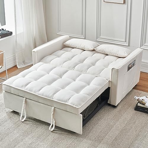 Ugijei 55.5'' 3-in-1 Convertible Sleeper Sofa Bed, Velvet Pull Out Sofa Bed with Pull Out Bed, Adjustable Backrest, Storage Pockets & Pillows, Modern Pull Out Couch for Living Room Furniture (Beige)