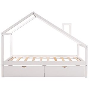 YuiHome Wooden Daybed for Kids Teen, Twin Size House-Shaped Daybed with Two Pull-Out Drawers and Roof, Can be Decorated,White