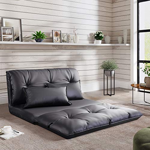 Floor Lazy Sofa Bed, 5-Position Folding Futon Sofa for Adults, Indoor Lounge Chair with 2 Pillows for Meditation Dorm Living Room (Black+PU)