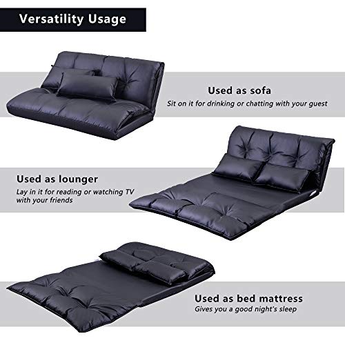 Floor Lazy Sofa Bed, 5-Position Folding Futon Sofa for Adults, Indoor Lounge Chair with 2 Pillows for Meditation Dorm Living Room (Black+PU)