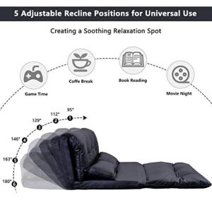 Floor Lazy Sofa Bed, 5-Position Folding Futon Sofa for Adults, Indoor Lounge Chair with 2 Pillows for Meditation Dorm Living Room (Black+PU)