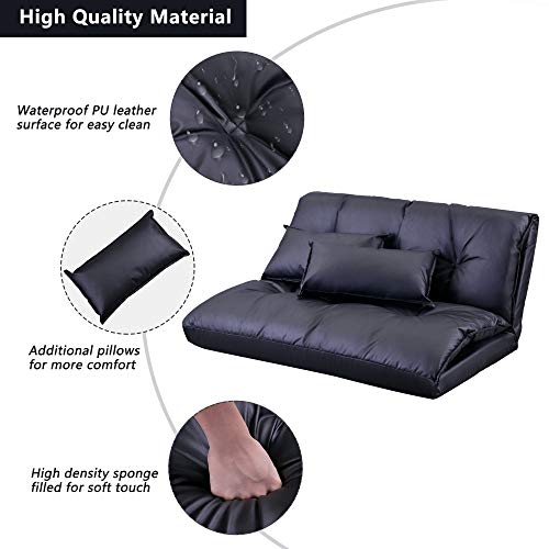 Floor Lazy Sofa Bed, 5-Position Folding Futon Sofa for Adults, Indoor Lounge Chair with 2 Pillows for Meditation Dorm Living Room (Black+PU)