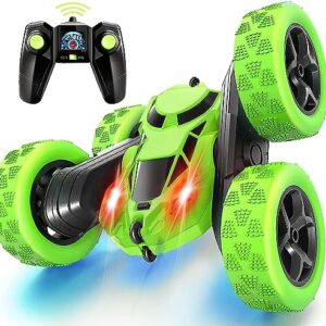 Remote Control Car, RC Cars Stunt Car Toy, 4WD 2.4Ghz Double Sided 360° Rotating RC Car with Headlights, Kids Xmas Toy Cars for Boys/Girls (Green) (Green)