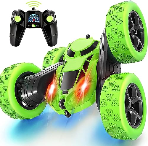 Remote Control Car, RC Cars Stunt Car Toy, 4WD 2.4Ghz Double Sided 360° Rotating RC Car with Headlights, Kids Xmas Toy Cars for Boys/Girls (Green) (Green)