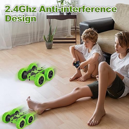 Remote Control Car, RC Cars Stunt Car Toy, 4WD 2.4Ghz Double Sided 360° Rotating RC Car with Headlights, Kids Xmas Toy Cars for Boys/Girls (Green) (Green)