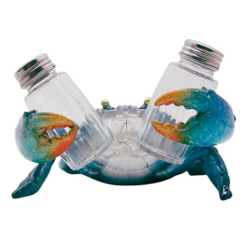 Blue Crab Salt and Pepper Set Holder, Nautical Décor, Shakers Included, 6.5 Inches