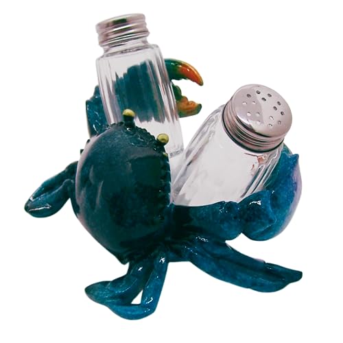 Blue Crab Salt and Pepper Set Holder, Nautical Décor, Shakers Included, 6.5 Inches