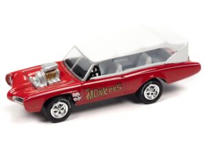 monkeemobile red with white top and interior the monkees with collectible tin display silver screen machines series 1/64 diecast model car by johnny lightning jldr018-jlsp333