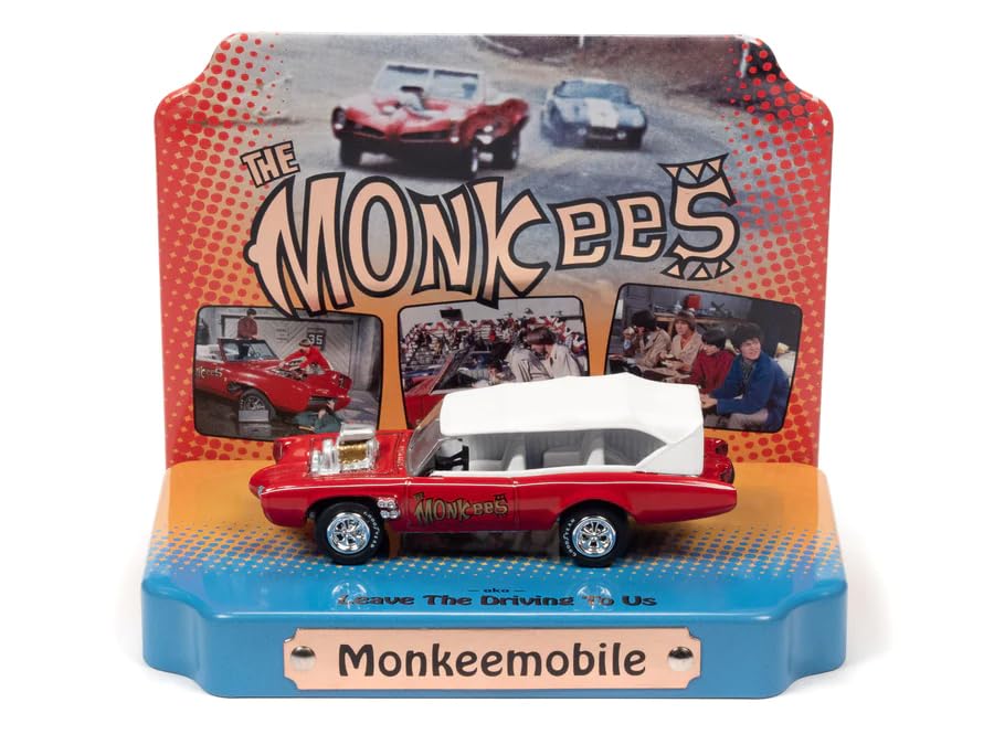 Monkeemobile Red with White Top and Interior The Monkees with Collectible Tin Display Silver Screen Machines Series 1/64 Diecast Model Car by Johnny Lightning JLDR018-JLSP333