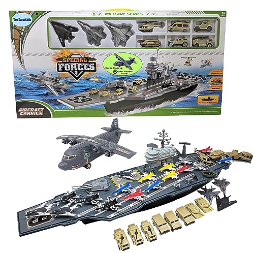 Toy Aircraft Carrier Army Men with Cargo Plane 18 Warplane Fighter Jets and 6 Extra Military Vehicles