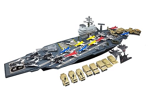 Toy Aircraft Carrier Army Men with Cargo Plane 18 Warplane Fighter Jets and 6 Extra Military Vehicles