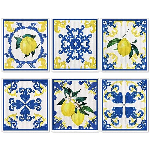 AnyDesign 6 Pack Lemon Swedish Dishcloth Blue White Tiles Lemon Kitchen Dish Towel Reusable Washable Cotton Kitchen Towel for Counter Cleaning Baking Cooking, 7 x 8 Inch